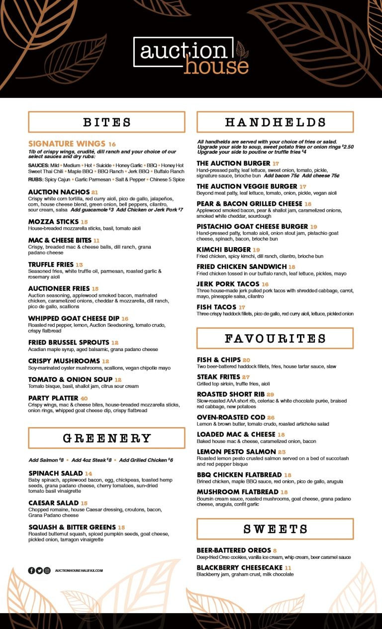 Main Menu - Auction House Restaurant & Brew Halifax